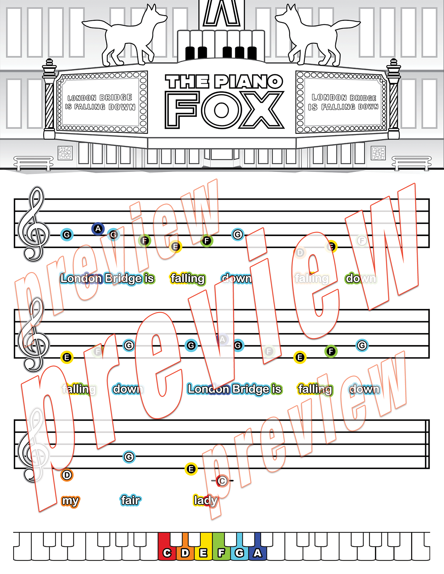 London Bridge is Falling Down Piano Coloring Book Page for Kids with ...